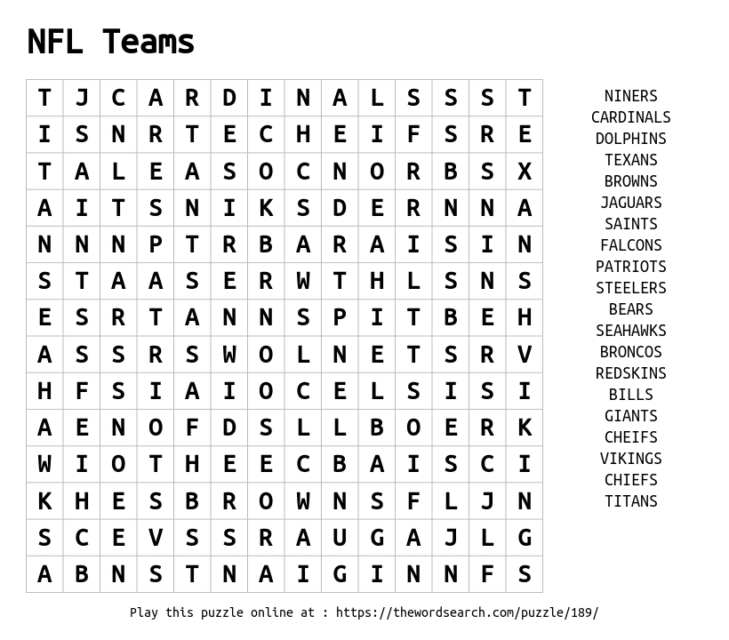 Download Word Search On NFL Teams