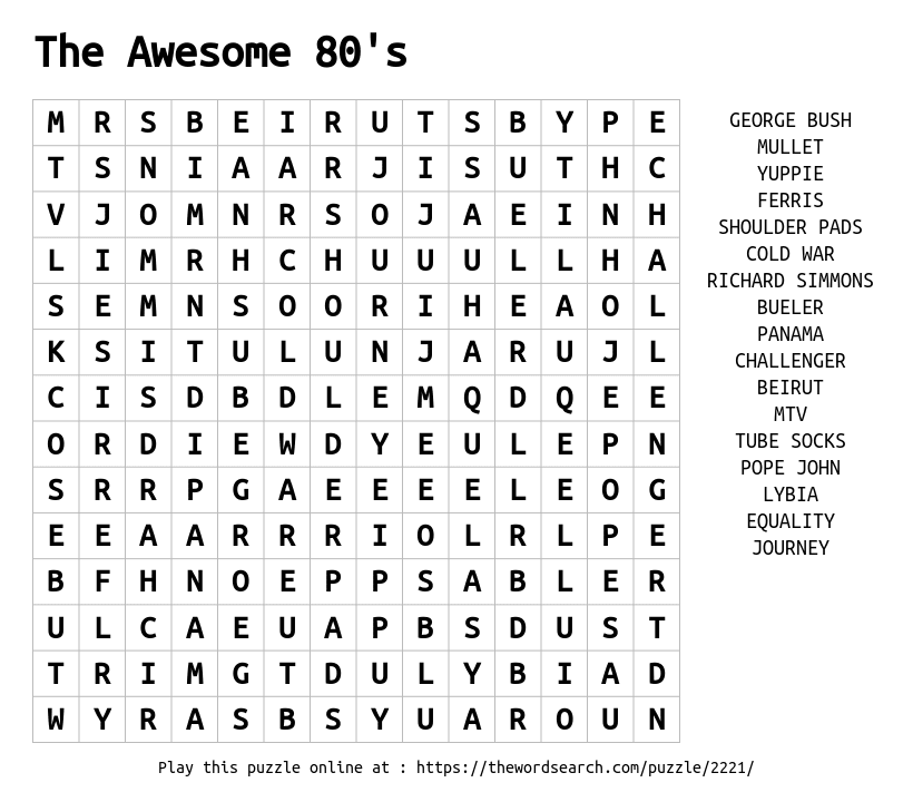 Download Word Search On The Awesome 80 s