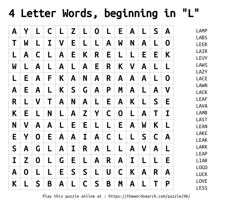 4 Letter Words Beginning In L Word Search 4 Letter Words Beginning In L Word Search