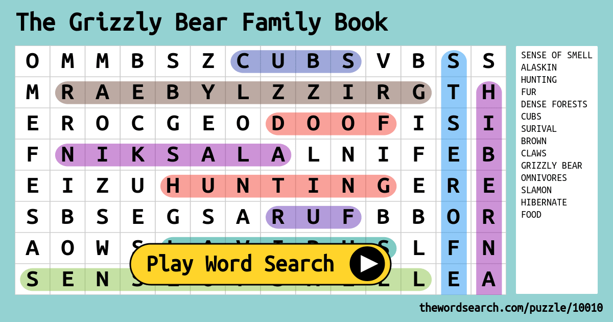 The Grizzly Bear Family Book Word Search