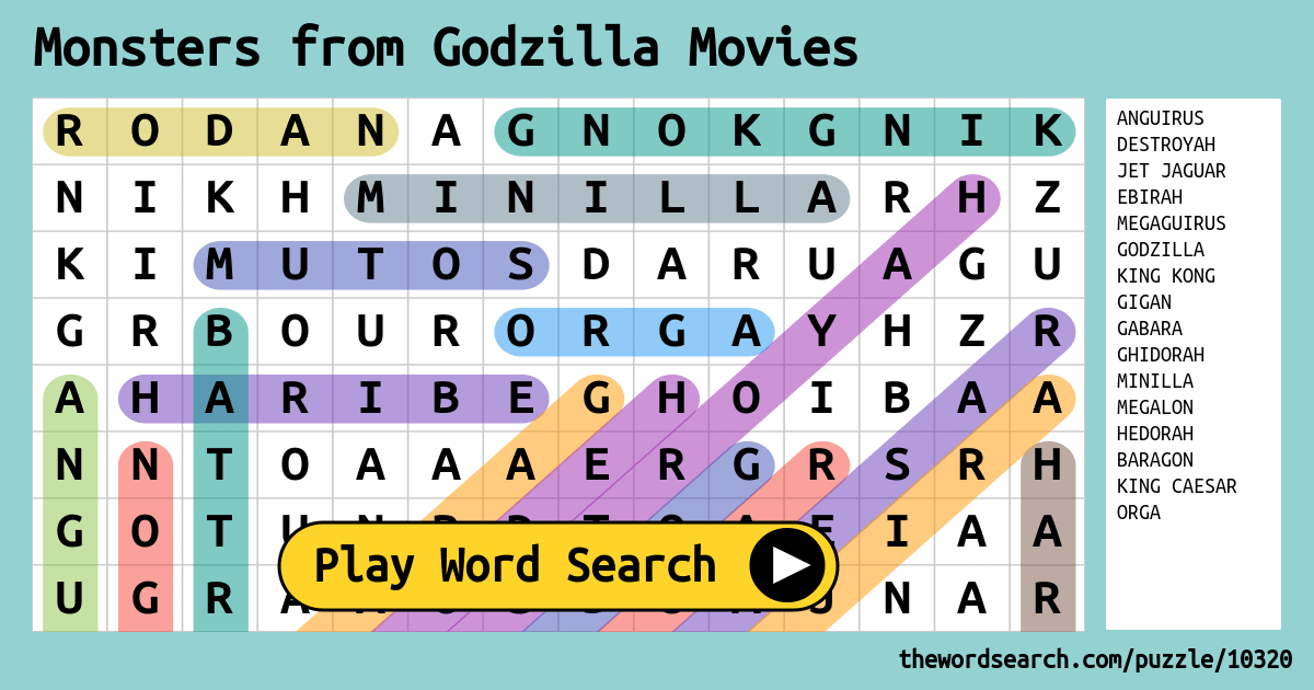 Monsters from Godzilla Movies Word Search