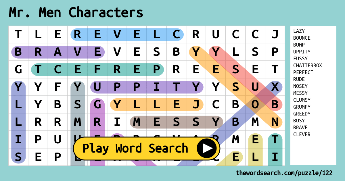 Mr. Men Characters Word Search