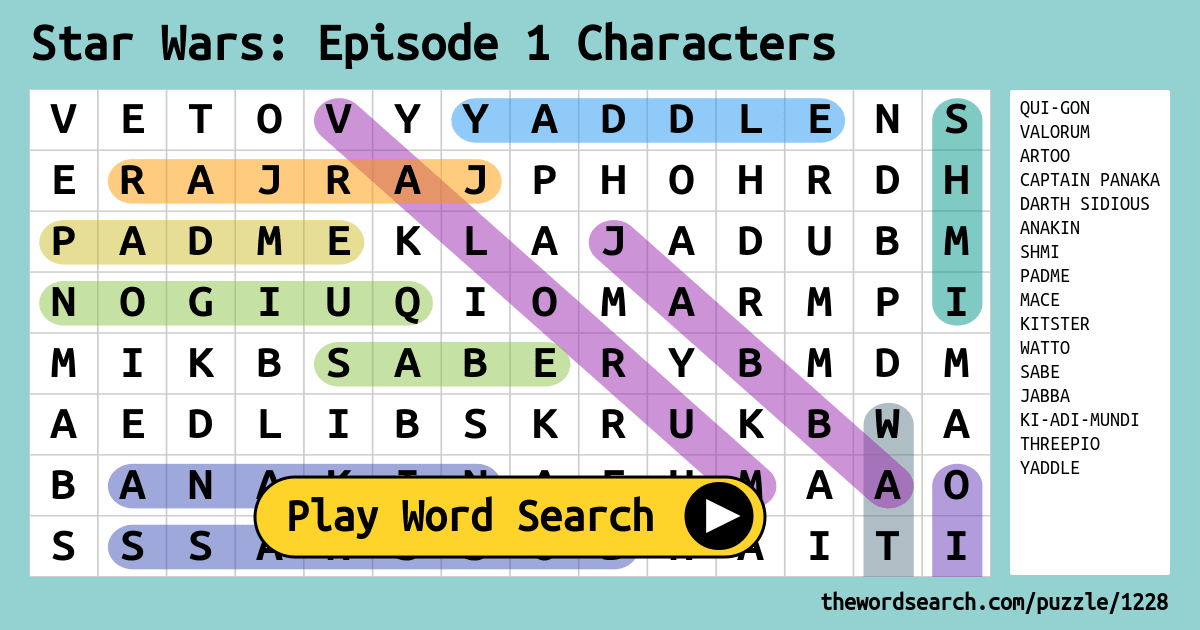 Star Wars: Episode 1 Characters Word Search
