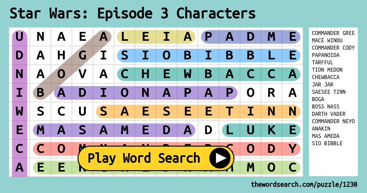 Star Wars: Episode 3 Characters Word Search