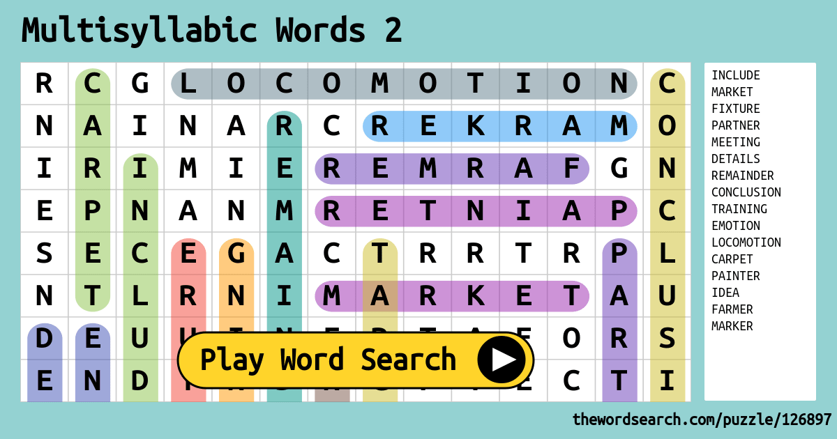 Multisyllabic Words 2 Word Search