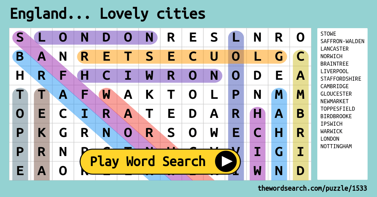 England... Lovely cities Word Search
