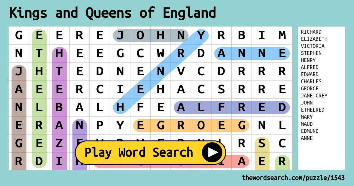 Kings and Queens of England Word Search