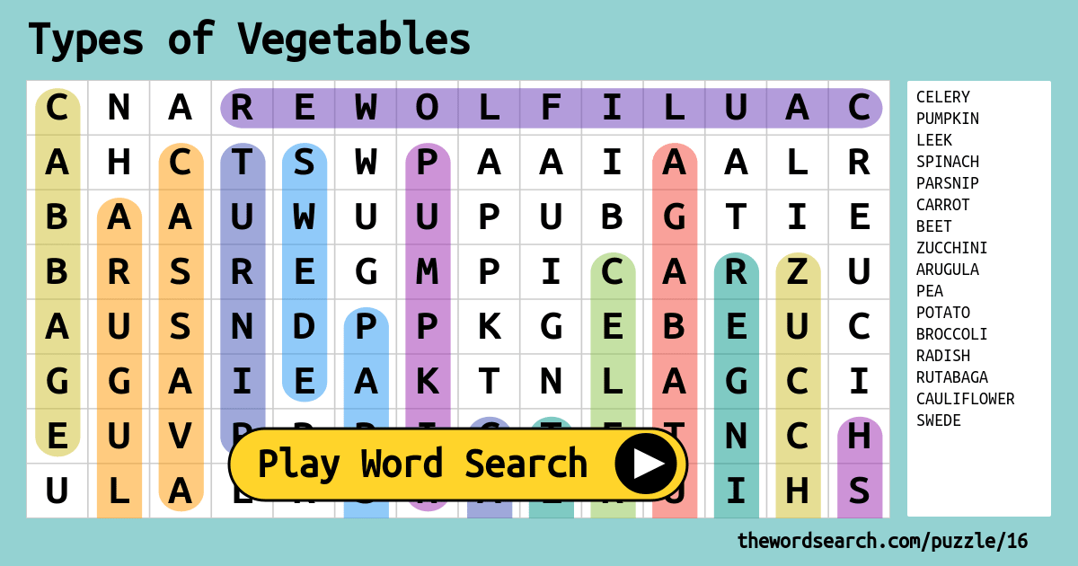 Types Of Vegetables Word Search