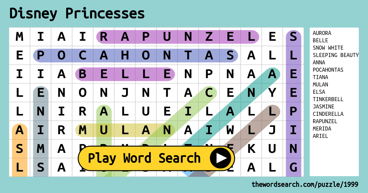 Disney Princesses Word Search