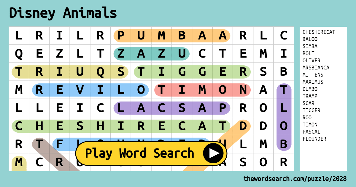 Disney Animals Word Search