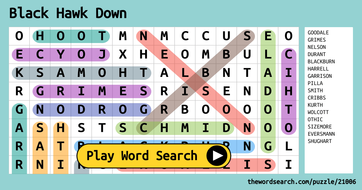 Black Hawk Down Word Search
