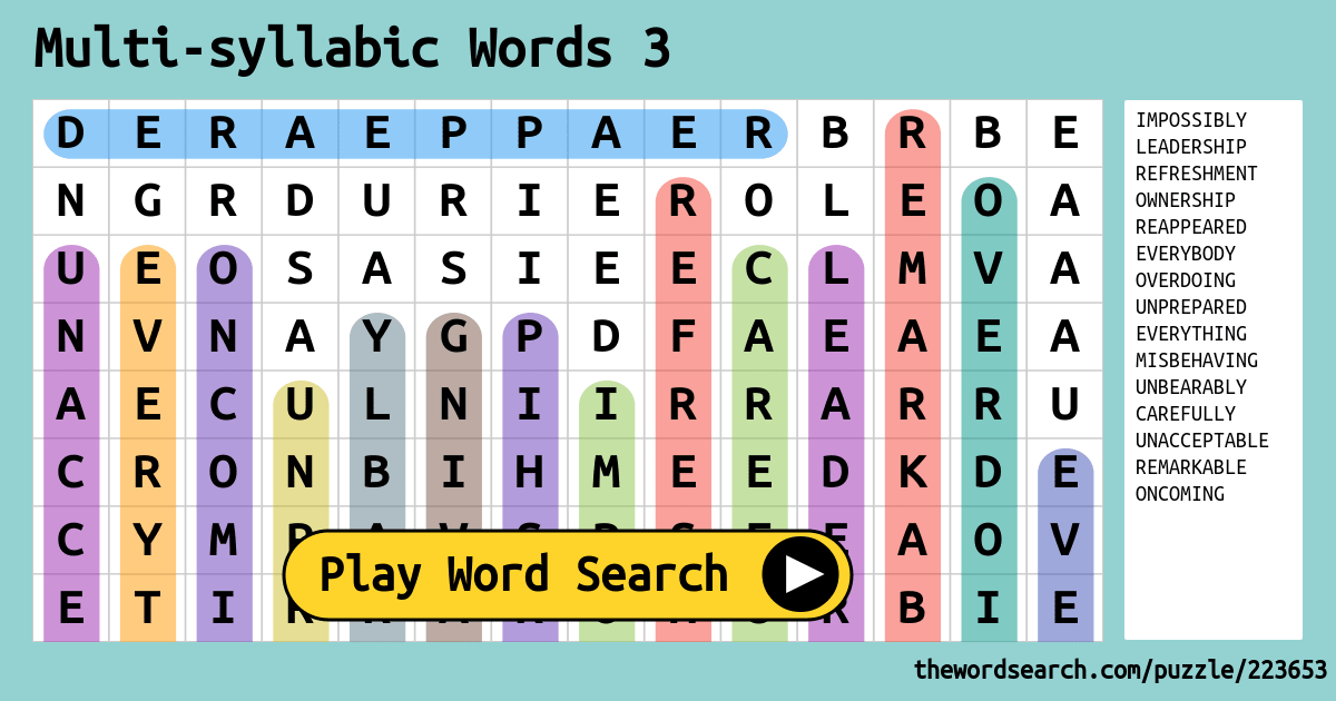 Multi-syllabic Words 3 Word Search