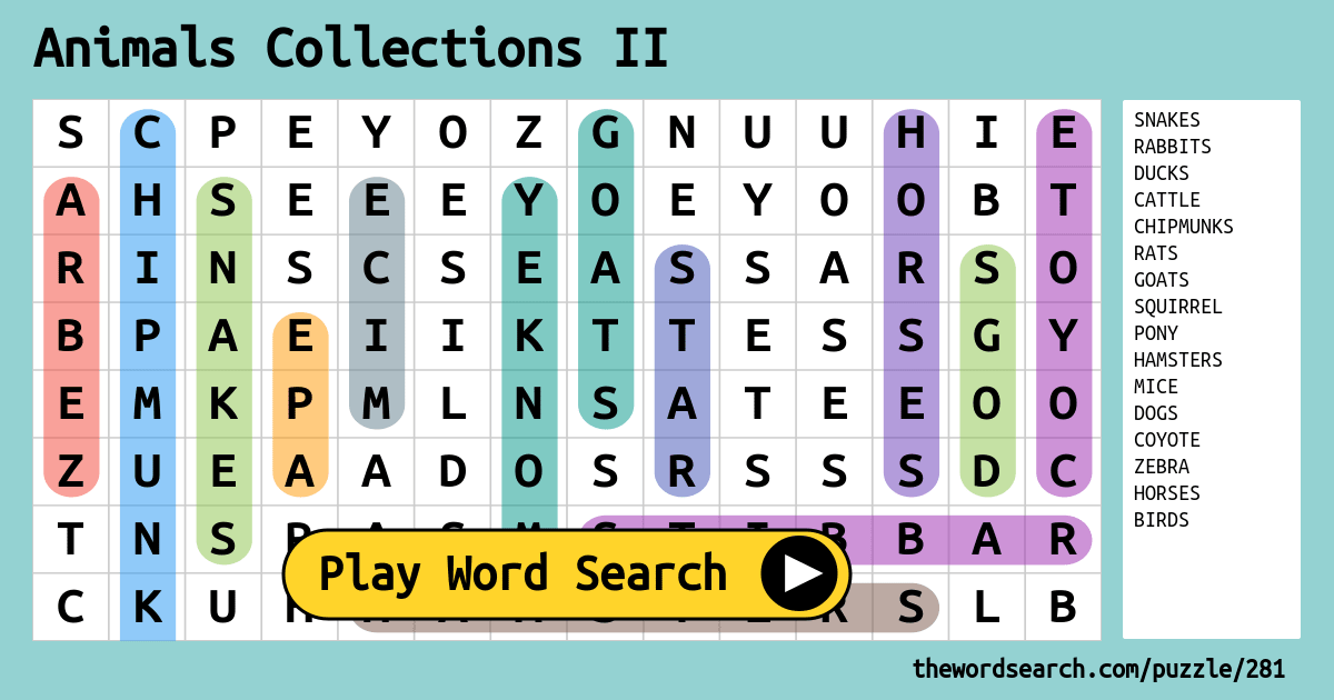 Animals Collections II Word Search