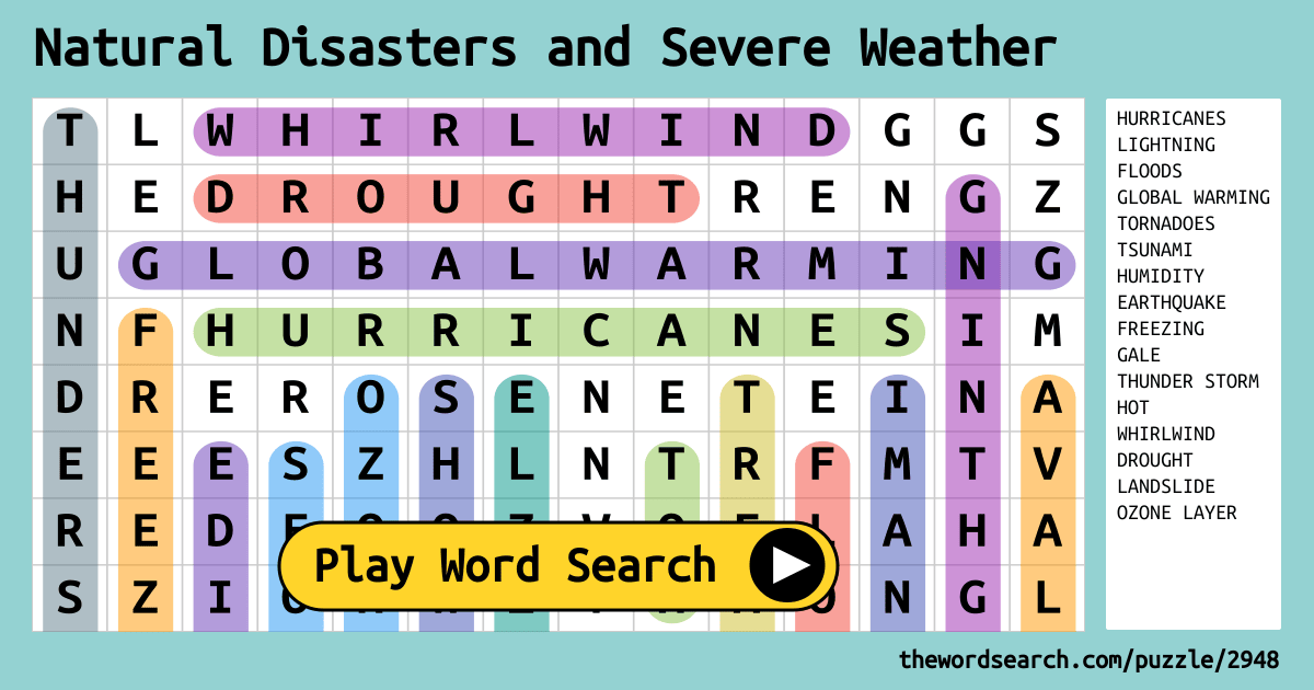 Natural Disasters And Severe Weather Word Search Natural Disasters And Severe Weather Word Search