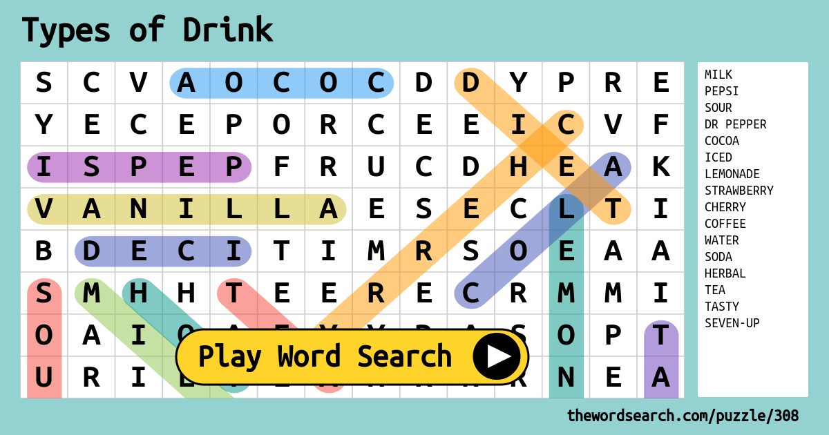 Types of Drink Word Search