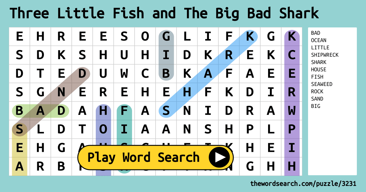 Three Little Fish and The Big Bad Shark Word Search