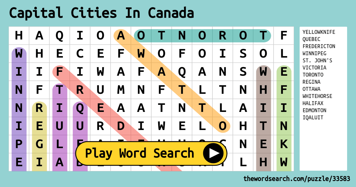 Canadas Provinces And Territories Word Search