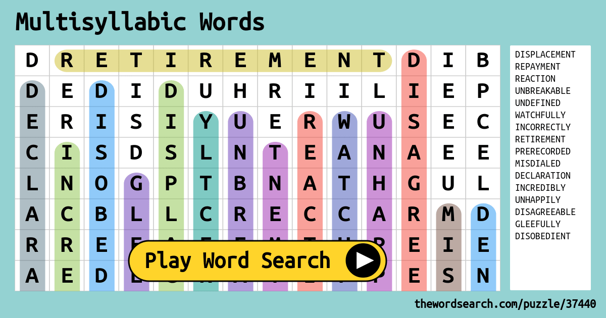 Multisyllabic Words Word Search