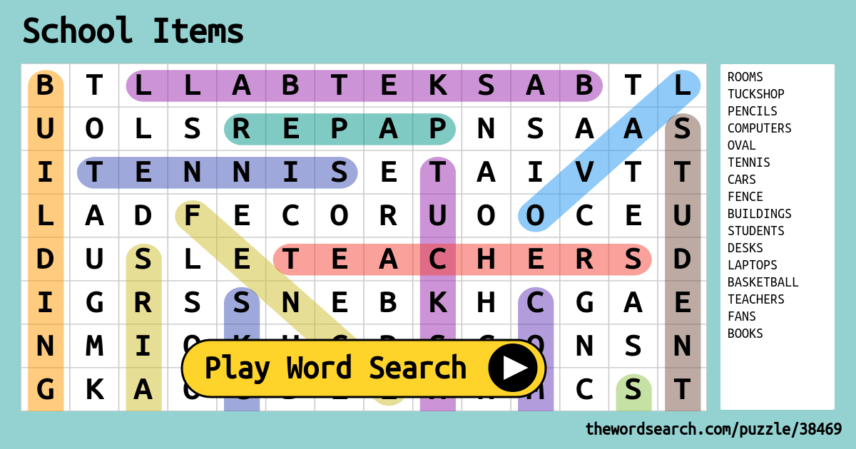 Classroom Items Word Search