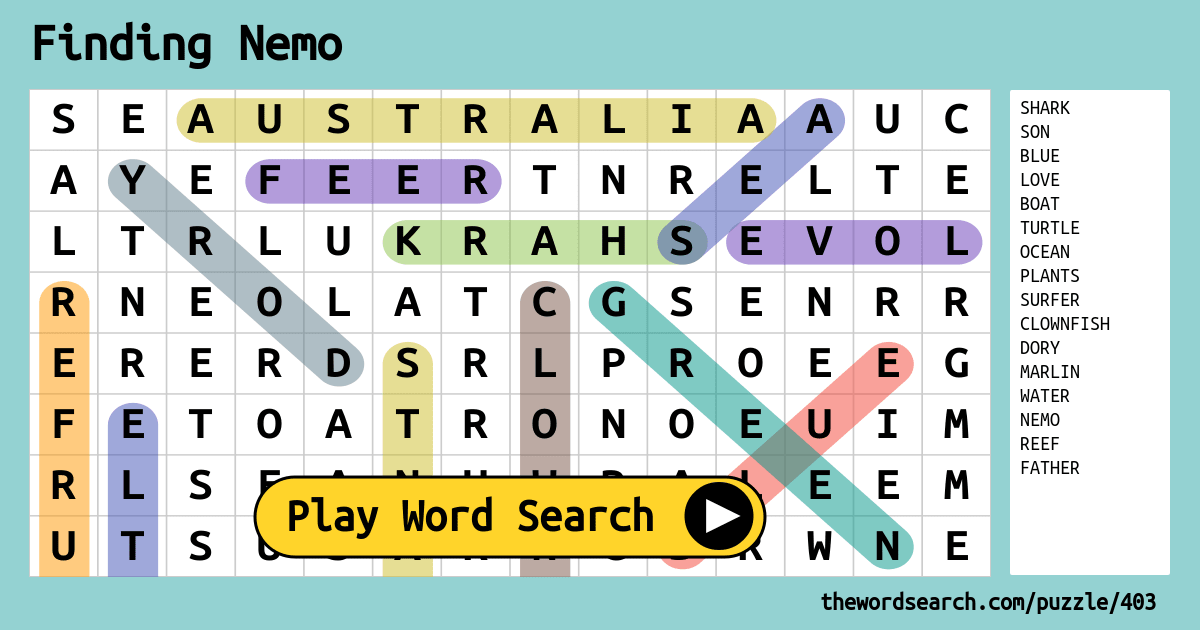 Download Word Search On Finding Nemo