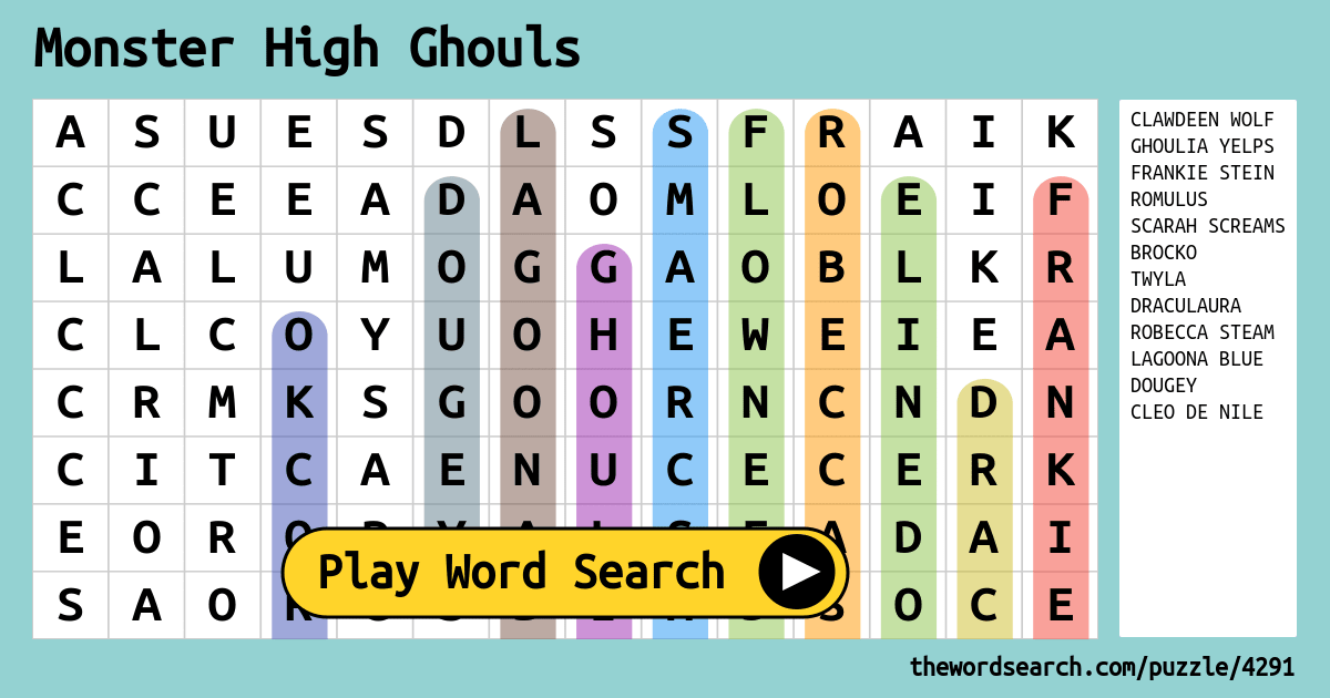 Monster High Ghouls Word Search