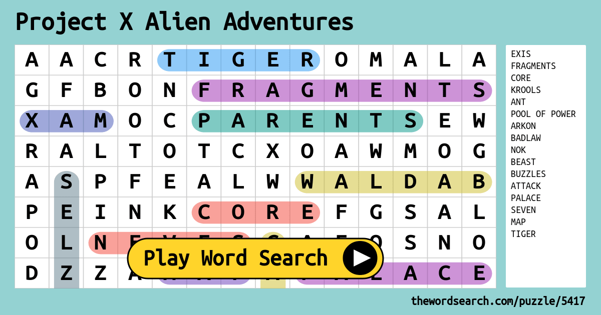 Project X Alien Adventures Word Search