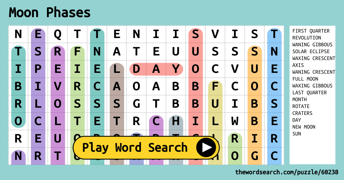 Moon Phases Word Search Moon Phases Word Search