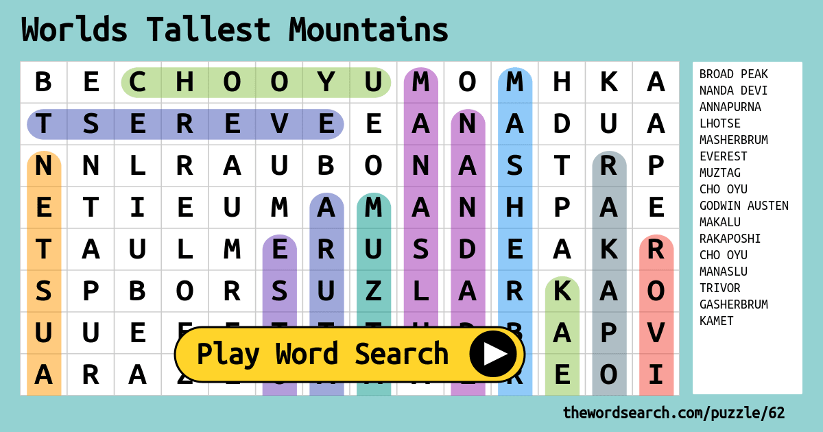 Worlds Tallest Mountains Word Search