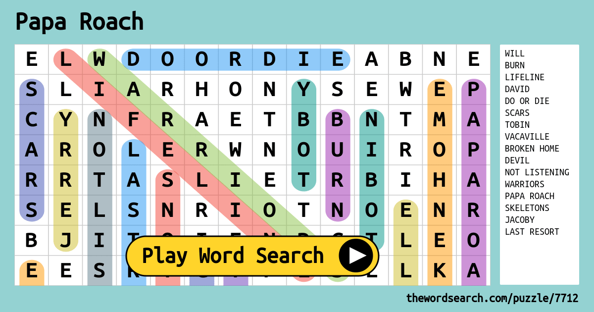 Papa Roach Word Search