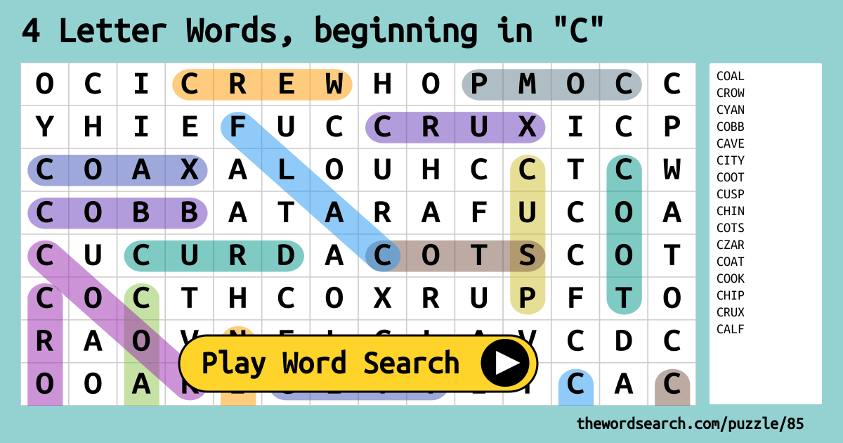4 Letter Words Beginning In C Word Search