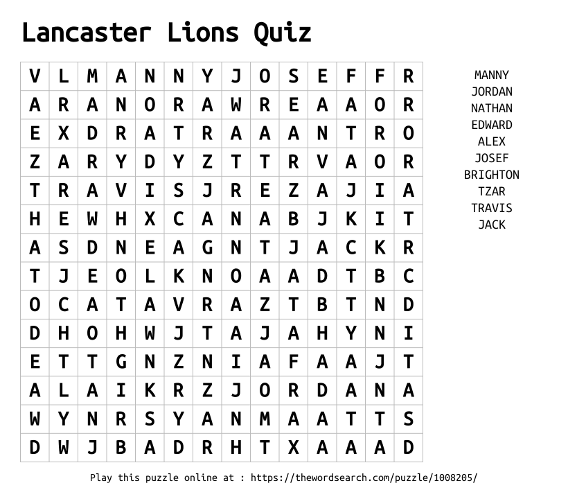 Lancaster Lions Quiz Word Search