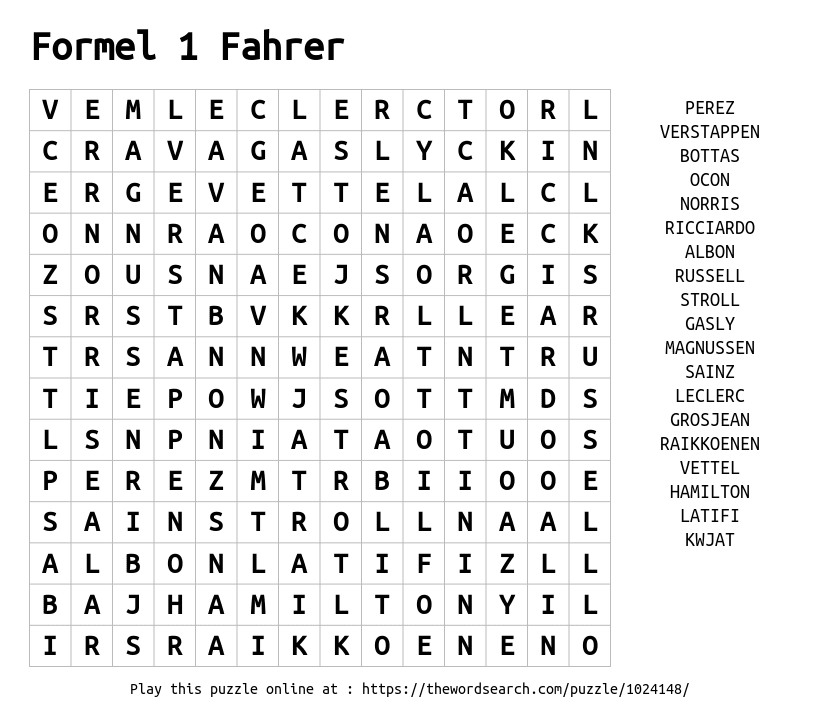 Formel 1 Fahrer Word Search