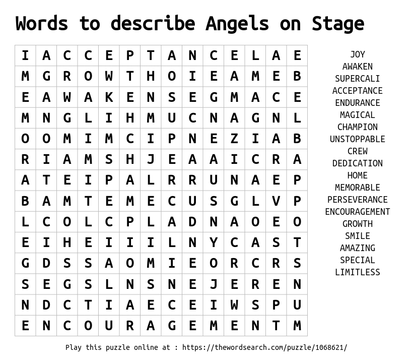 Words to describe Angels on Stage Word Search