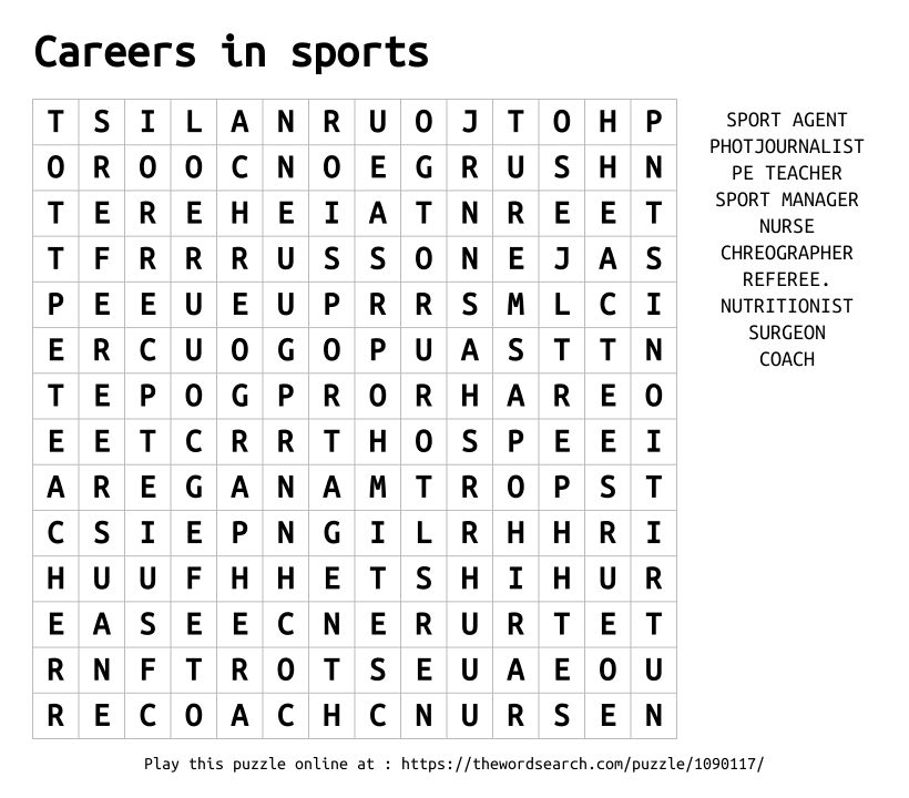 Download Word Search On Careers In Sports Download Word Search On Careers In Sports