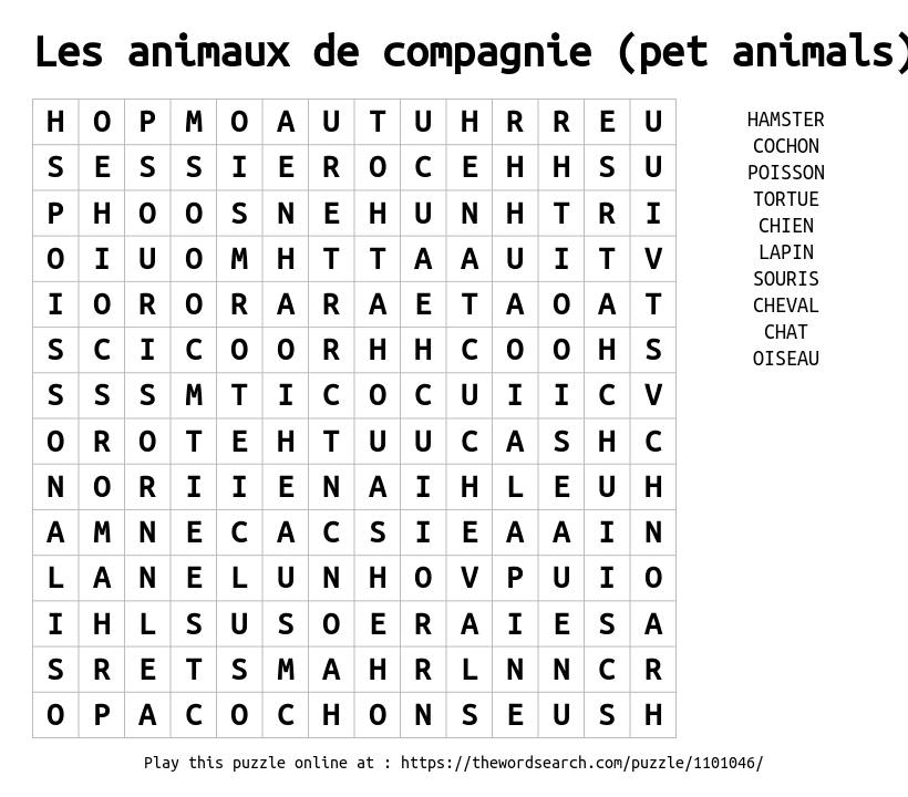 Download Word Search on Les animaux de compagnie (pet animals)
