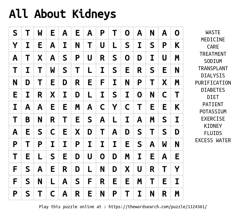 All About Kidneys Word Search