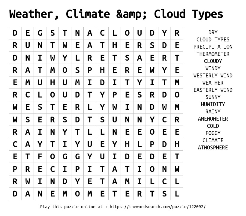 Download Word Search on Weather, Climate & Cloud Types