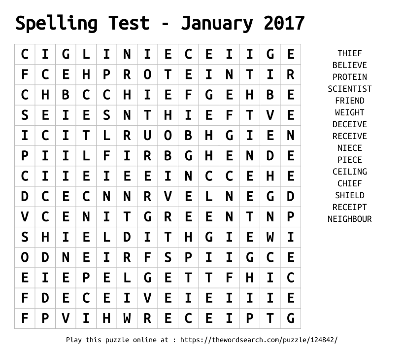 Download Word Search on Spelling Test - January 2017