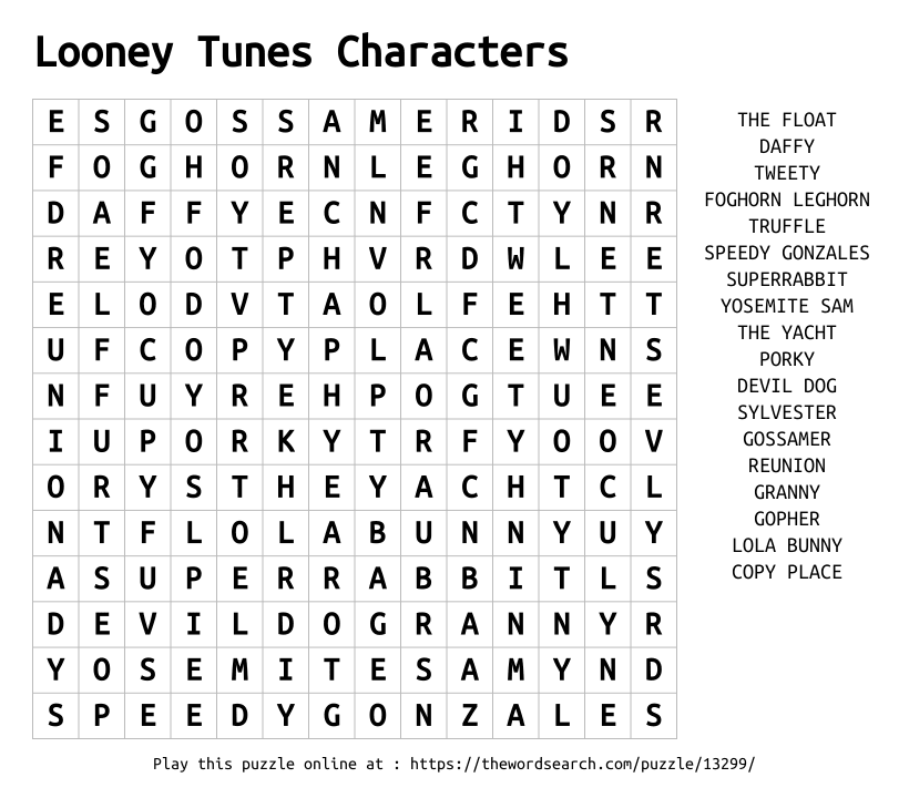 Download Word Search On Looney Tunes Characters Download Word Search On Looney Tunes Characters