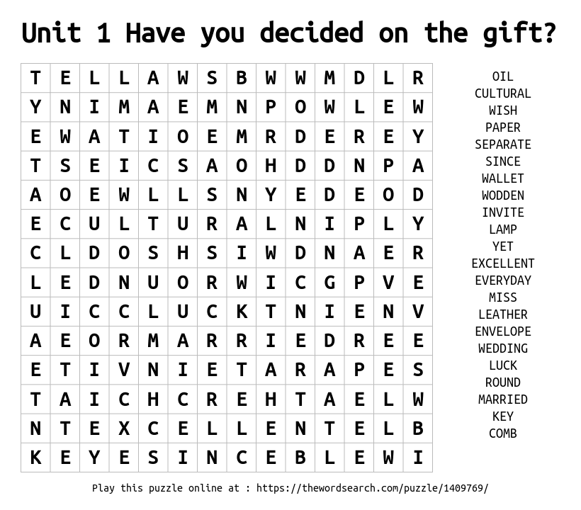 Unit 1 Have you decided on the gift? Word Search