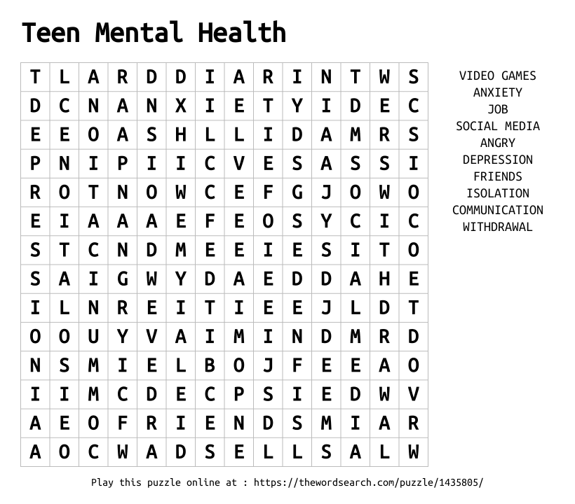 Teen Mental Health Word Search Teen Mental Health Word Search