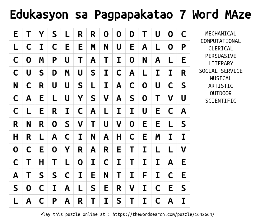 Download Word Search on Edukasyon sa Pagpapakatao 7 Word MAze