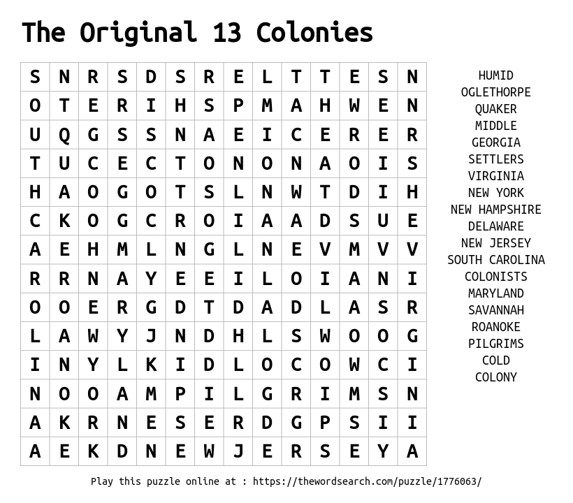 Download Word Search on The Original 13 Colonies