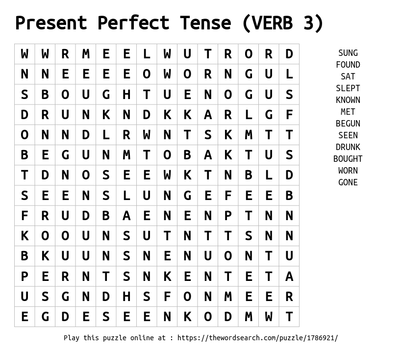 Present Perfect Tense (VERB 3) Word Search