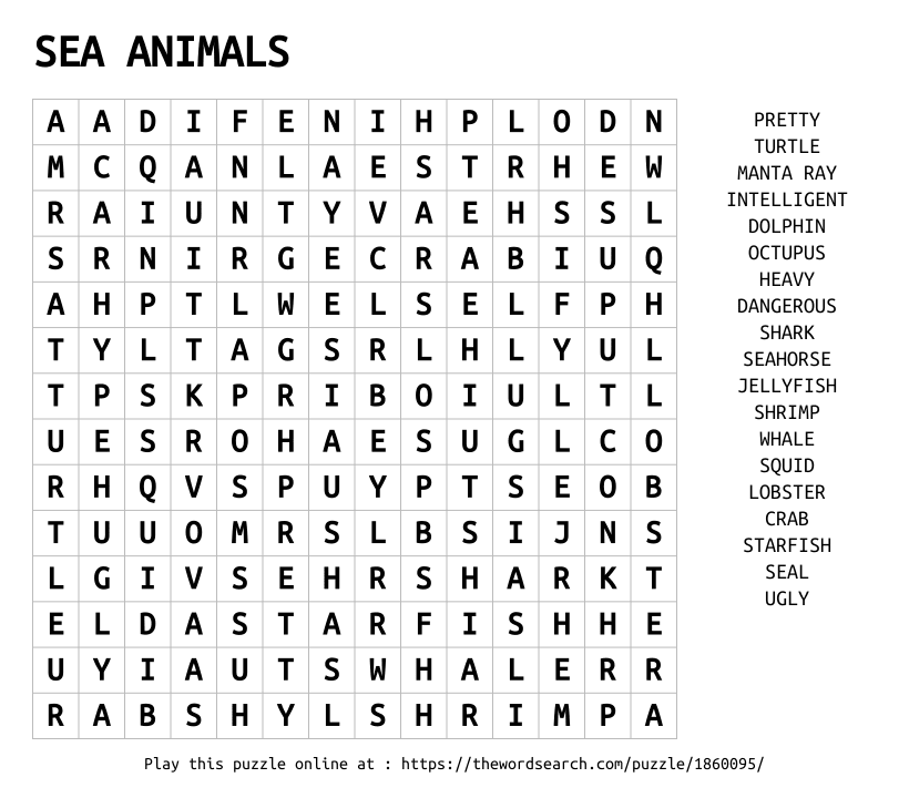 Download Word Search On SEA ANIMALS