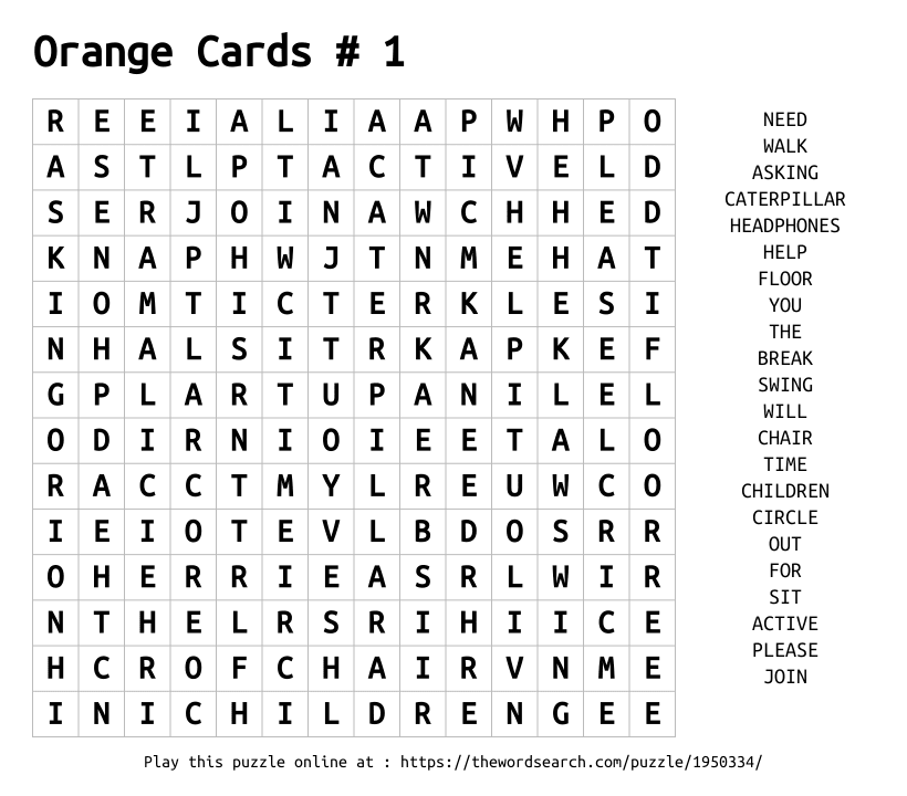 Download Word Search on Orange Cards # 1
