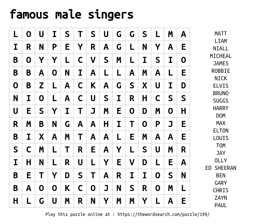 famous male singers Word Search