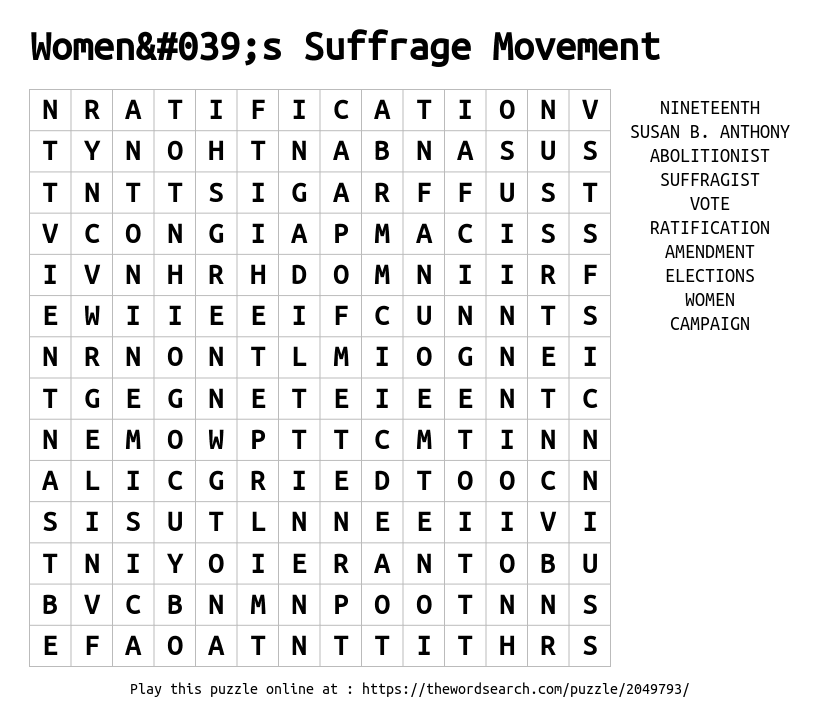 Women's Suffrage Movement Word Search