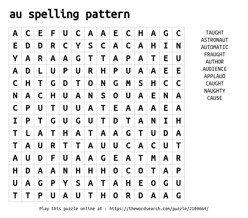 au spelling pattern Word Search