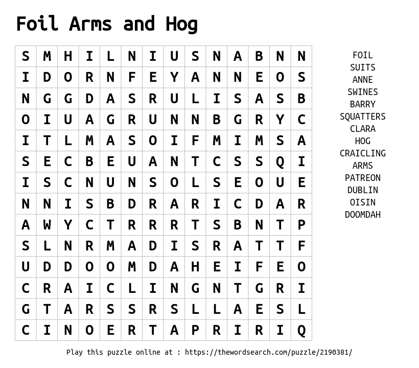 Foil Arms and Hog Word Search
